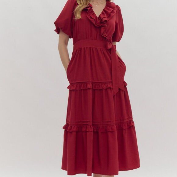 entro | Dresses | Nwt Entro Faux Wrap Short Puff Sleeve Ruffle Detail ...